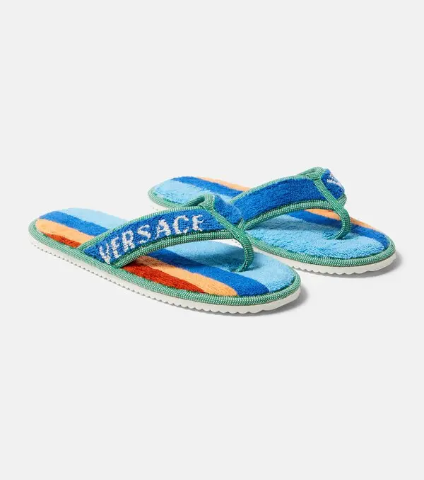 Versace Striped Cotton Terry Slippers - Blue