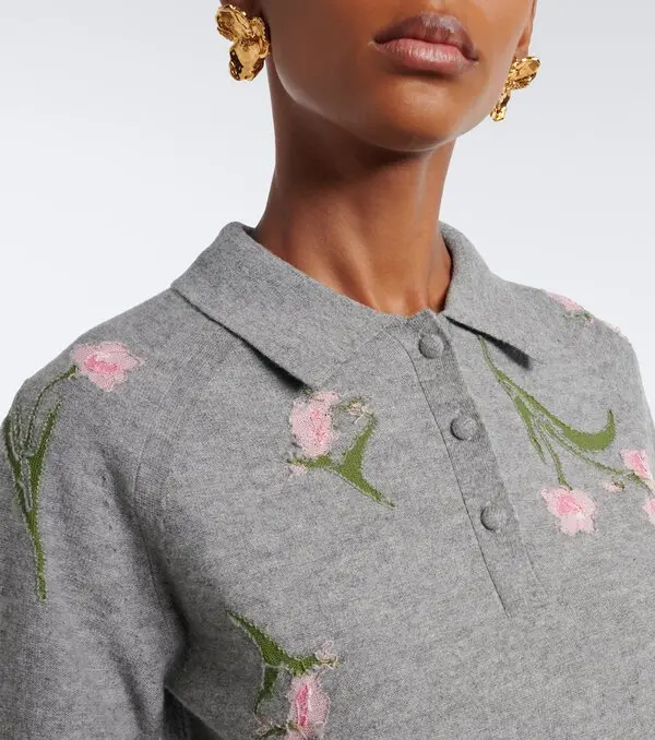 Erdem Floral Intarsia Wool Polo Sweater - Grey