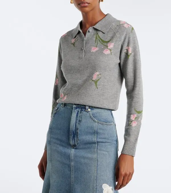 Erdem Floral Intarsia Wool Polo Sweater - Grey