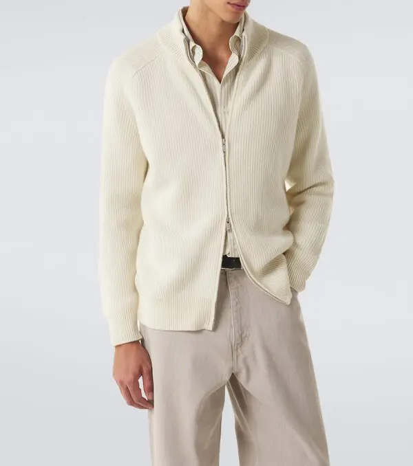 LARDINI Ribbed-knit Wool And Cashmere Zip-up Cardigan