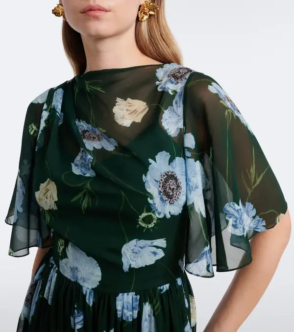 Erdem Floral Draped Silk Voile Midi Dress