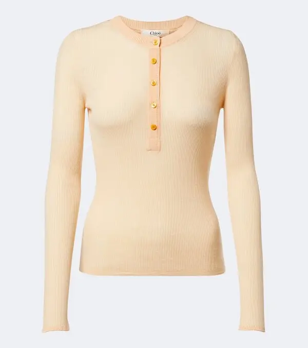 Chloé Ribbed-knit Silk-trimmed Wool Henley Shirt - Orange