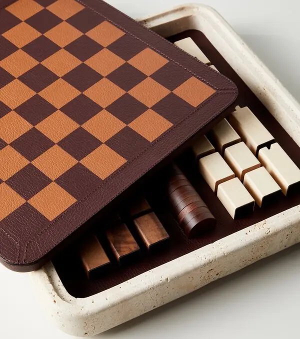 GIOBAGNARA Rodi Leather, Marble, And Wooden Chess Set