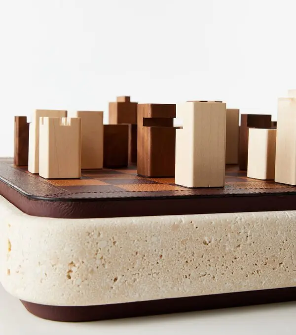 GIOBAGNARA Rodi Leather, Marble, And Wooden Chess Set