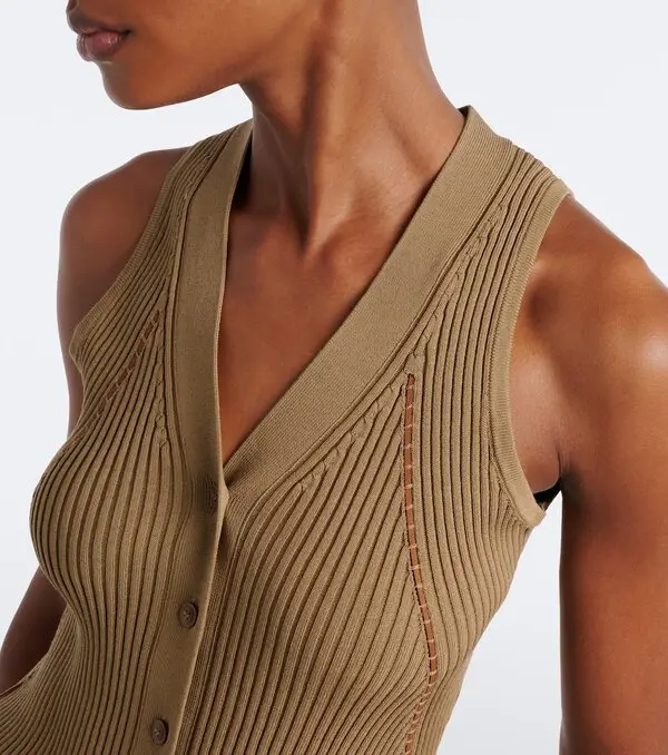 Max Mara Ribbed Knit Cotton-blend Sleeveless V-neck Top