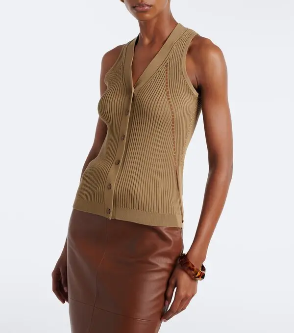 Max Mara Ribbed Knit Cotton-blend Sleeveless V-neck Top