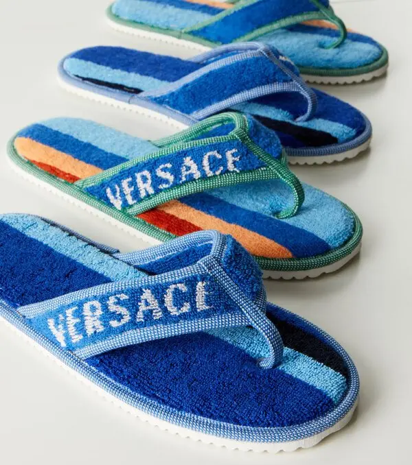 Versace Striped Cotton Terry Slippers - Blue