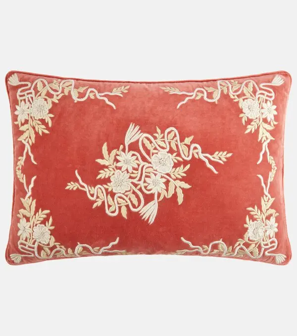 LES-OTTOMANS Embroide Cotton Velvet Cushion - Red