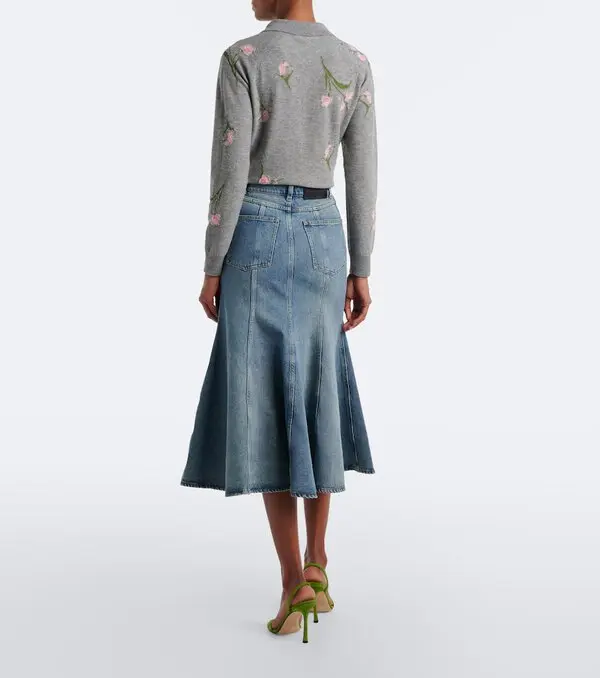 Erdem Floral Appliqué Denim Midi Skirt