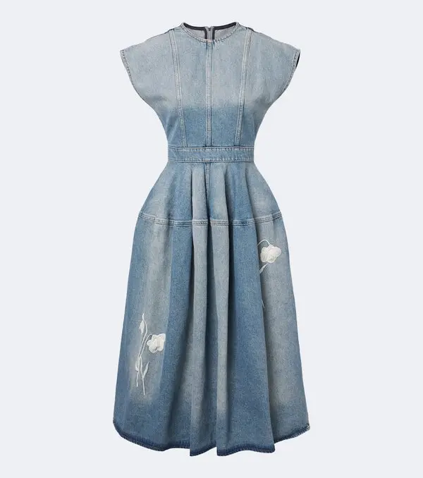 Erdem Floral Appliqué Denim Midi Skirt - Blue