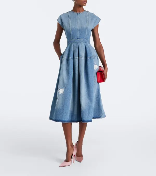 Erdem Floral Appliqué Denim Midi Skirt