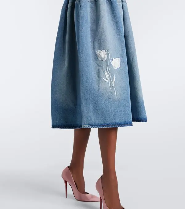 Erdem Floral Appliqué Denim Midi Skirt