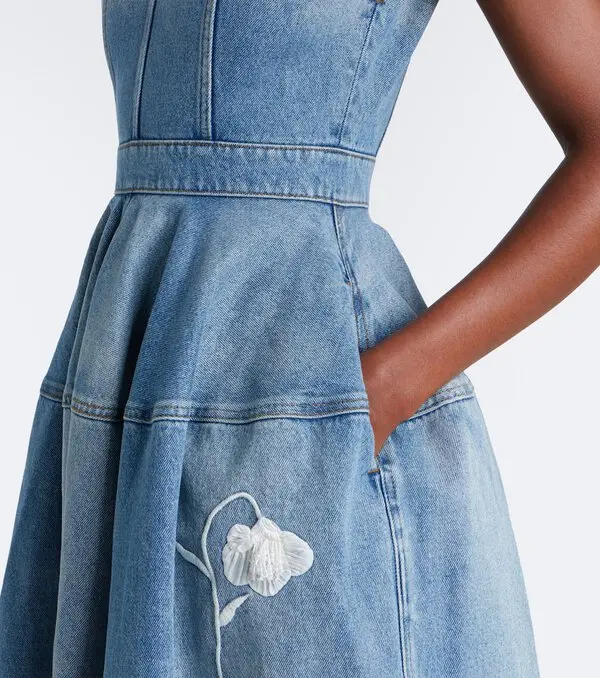 Erdem Floral Appliqué Denim Midi Skirt