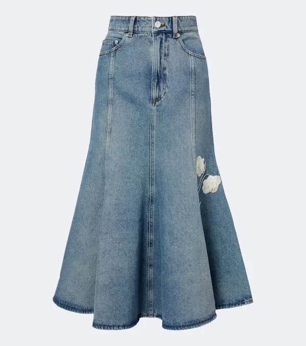 Erdem Floral Appliqué Denim Midi Skirt - Blue