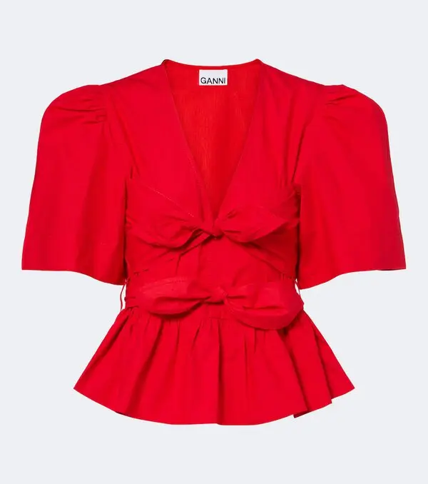 GANNI Bow-detail Cotton Poplin Blouse - Red