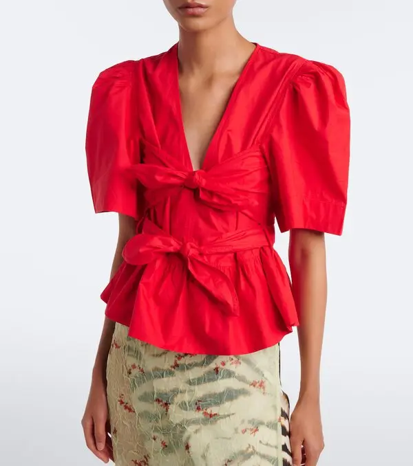 GANNI Bow Detail Cotton Poplin Blouse - Red