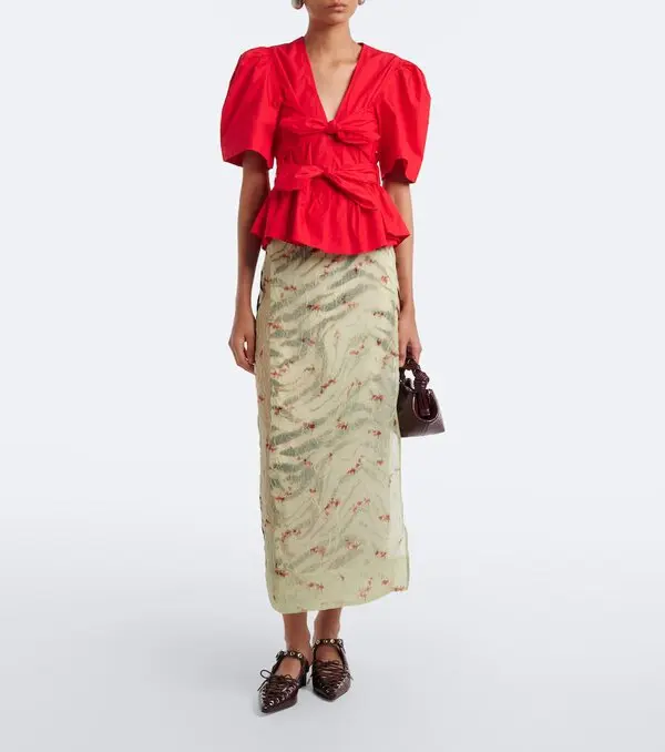 GANNI Bow Detail Cotton Poplin Blouse - Red