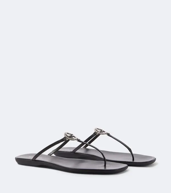Gucci Interlocking G Leather Thong Sandals - Black