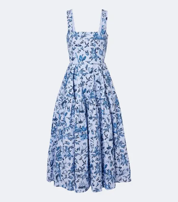 Erdem Printed Cotton Poplin Midi Dress - Blue
