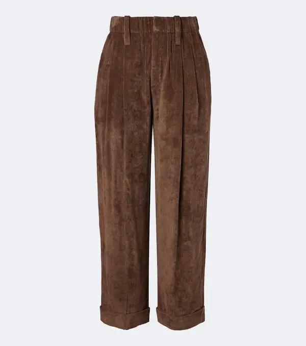 Brunello Cucinelli Pleated Velvet Straight Leg Trousers - Brown