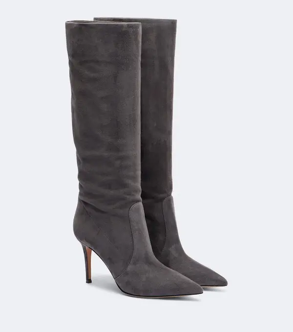 GIANVITO ROSSI Suede Knee-high Pointed Toe Boots - Grey