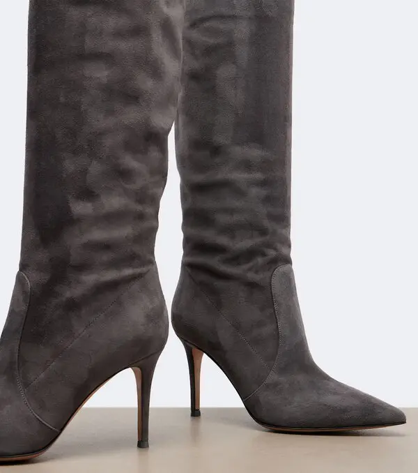 GIANVITO ROSSI Suede Knee-high Pointed Toe Boots - Grey