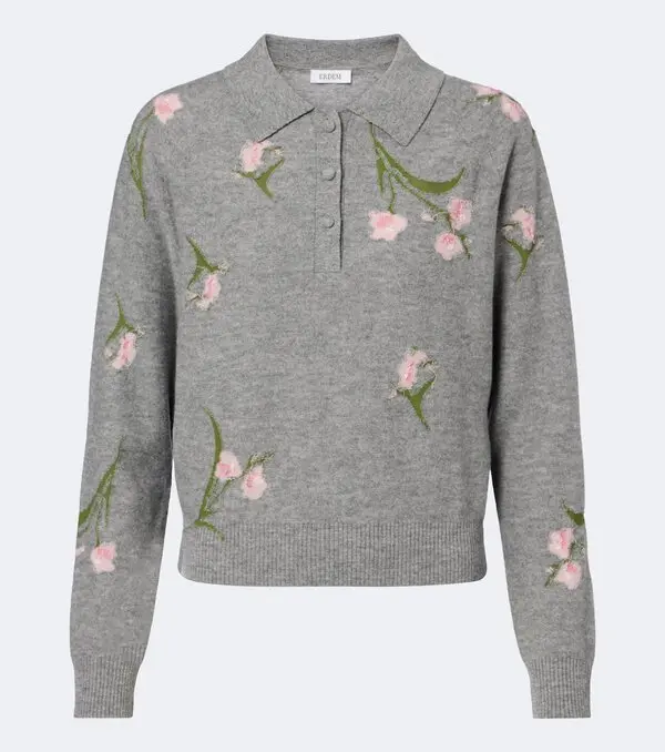 Erdem Floral Intarsia Wool Polo Sweater - Grey