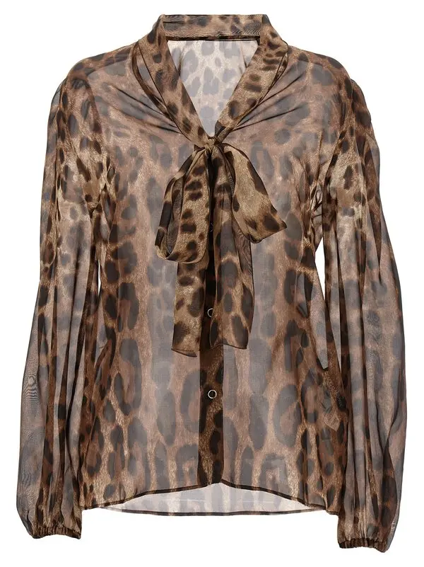 Dolce & Gabbana Sheer Animal Print Silk Shirt With Pussy Bow - Multicolor