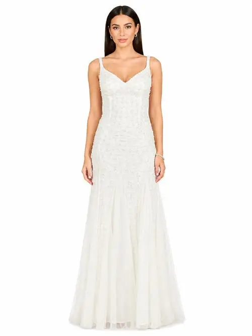 LARA NEW YORK Beaded Faux-wrap V-neck Bridal Gown - Ivory