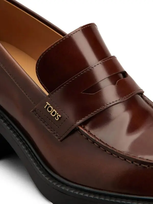 TOD'S Leather Heeled Penny Loafers - Brown