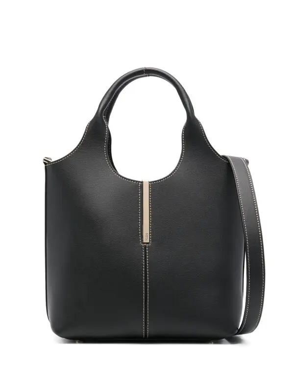 TOD'S Leather Mini Tote Bag With Branded Metal Bar - Black