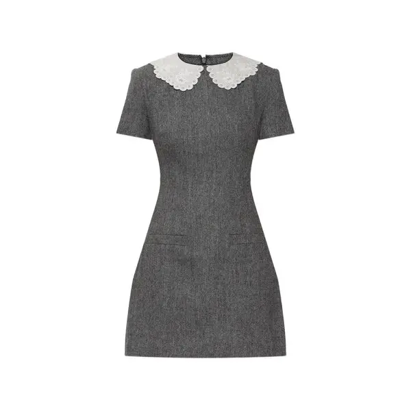 SELF-PORTRAIT Grey Herringbone Knit Dress With Lace Collar - Gray