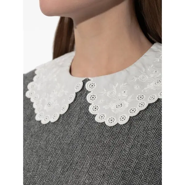 SELF-PORTRAIT Grey Herringbone Knit Dress With Lace Collar