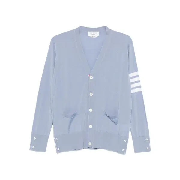 Thom Browne V-neck Cardigan With Sleeve Stripes - Blue