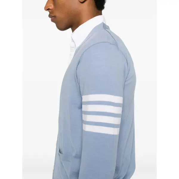 Thom Browne V-neck Cardigan With Sleeve Stripes - Blue