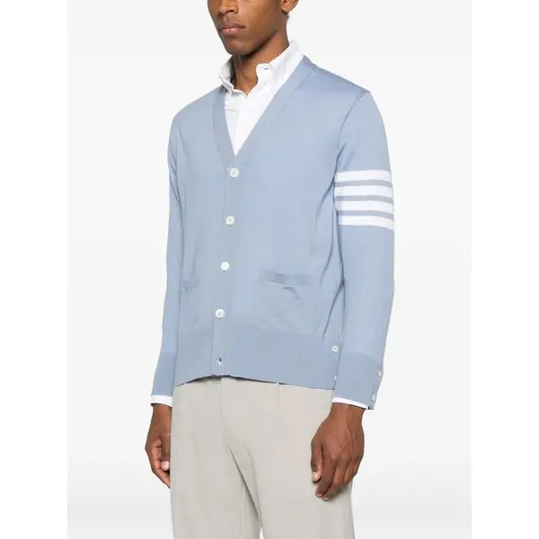 Thom Browne V-neck Cardigan With Sleeve Stripes - Blue