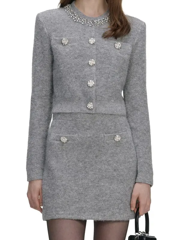 SELF-PORTRAIT Grey Cardigan With Crystal Embellishments