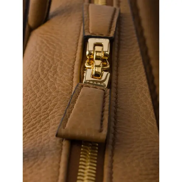 Prada Leather Enamel Triangle Logo Tote Bag - Brown