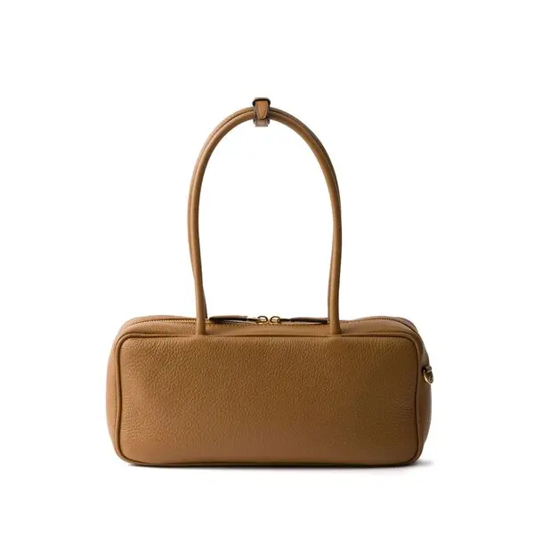 Prada Leather Enamel Triangle Logo Tote Bag - Brown