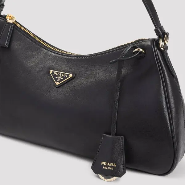 Prada Leather Shoulder Bag With Enamel Triangle Logo - Black