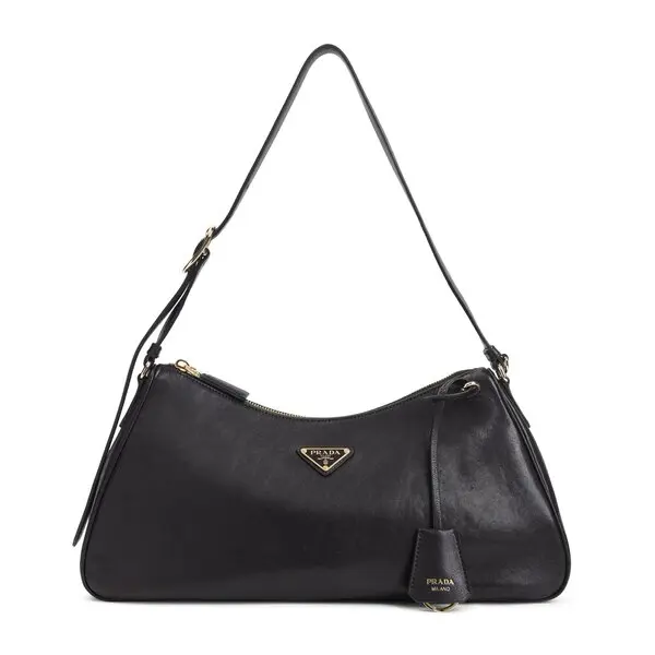 Prada Leather Shoulder Bag With Enamel Triangle Logo - Black