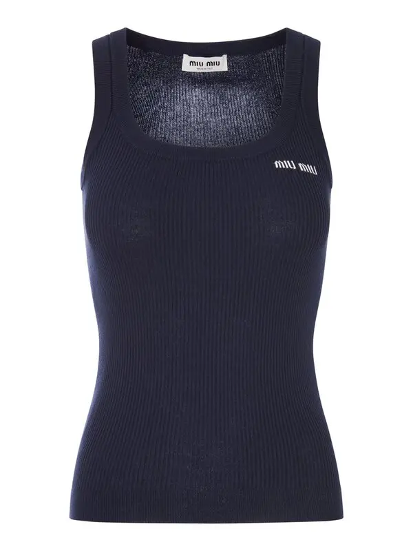 Miu Miu Ribbed Cotton Tank Top - Blue