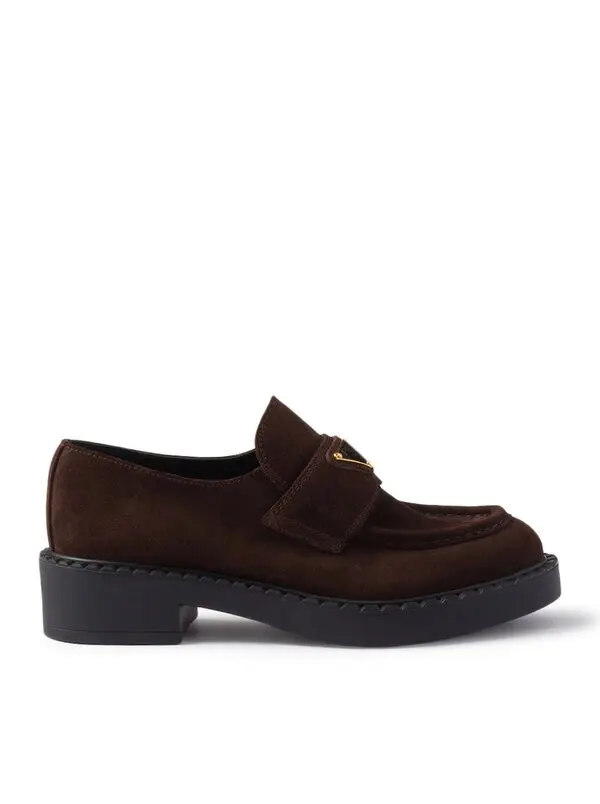 Prada Chocolate Suede Loafers With Buckle Detail - Brown