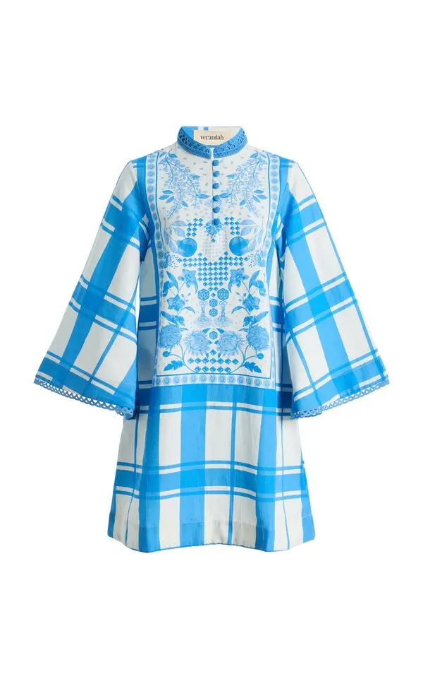 Verandah Cotton-blend Mini Kaftan Dress With Checked Print And Ruffled Hem - Blue
