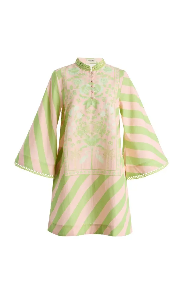 Verandah Kaftan Dress With Diagonal Stripe And Floral Embroidery - Pink