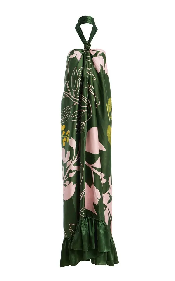 Verandah Halter Neck Floral Print Satin Maxi Dress - Green