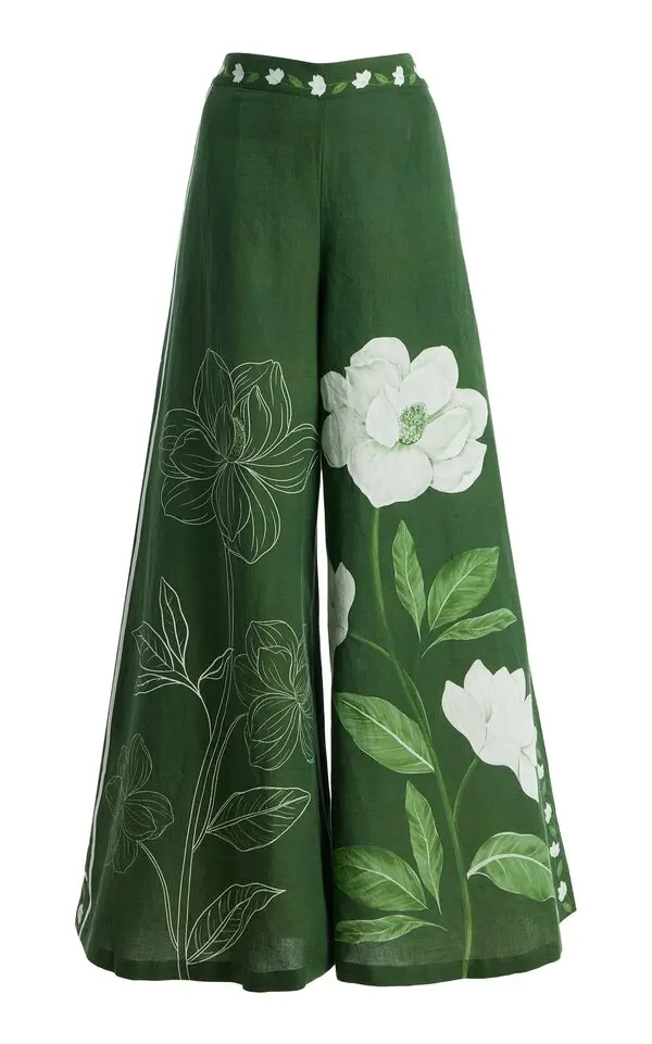 Verandah Magnolia Print Linen-cotton Wide-leg Pants - Green