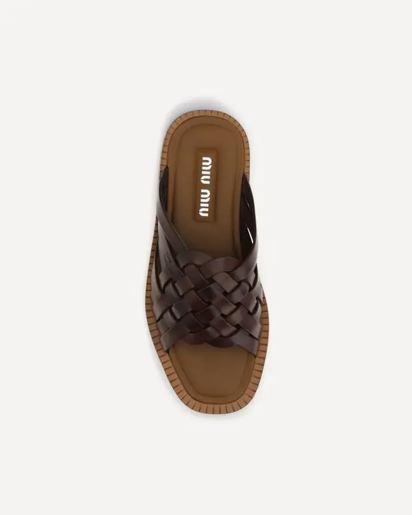 Miu Miu Woven Leather Flat Sandals - Brown