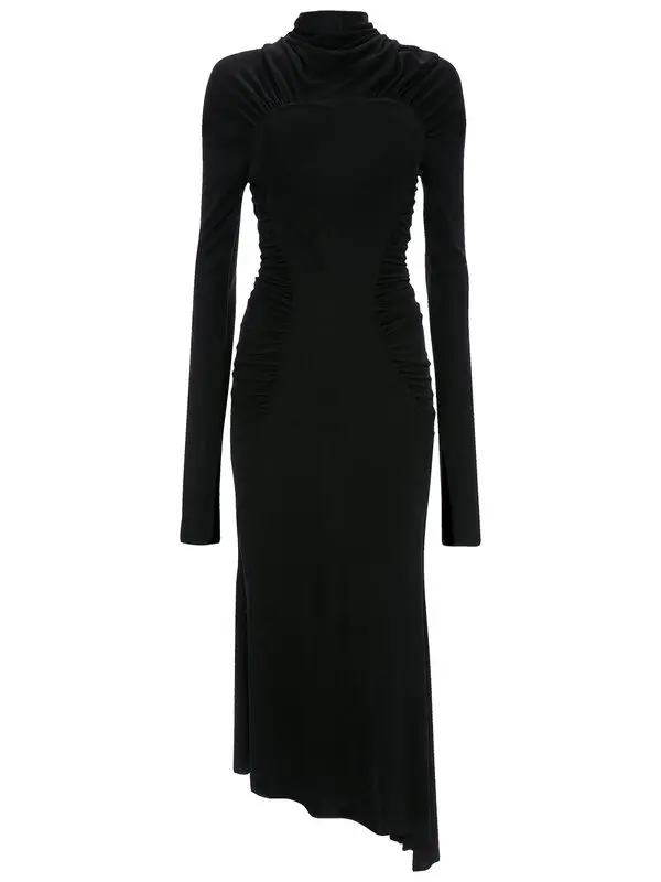 Victoria Beckham High Neck Gathered Midi Dress - Black