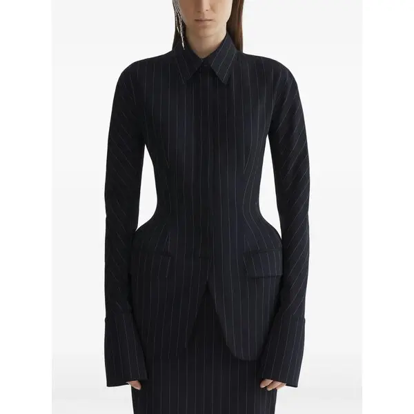 MUGLER Navy Pinstripe Fitted Jacket - Black
